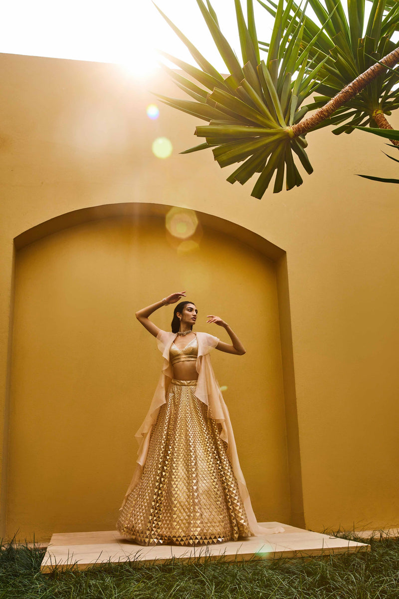 Qupid Beige Gold Hand Embellished Lehenga Set Pankaj And Nidhi